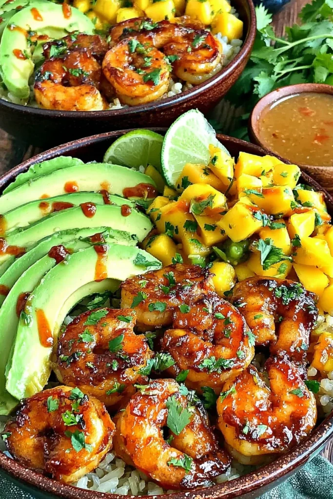 Shrimp and Avocado Bowls with Mango Salsa & Lime-Chili Sauce - Lora Chef
