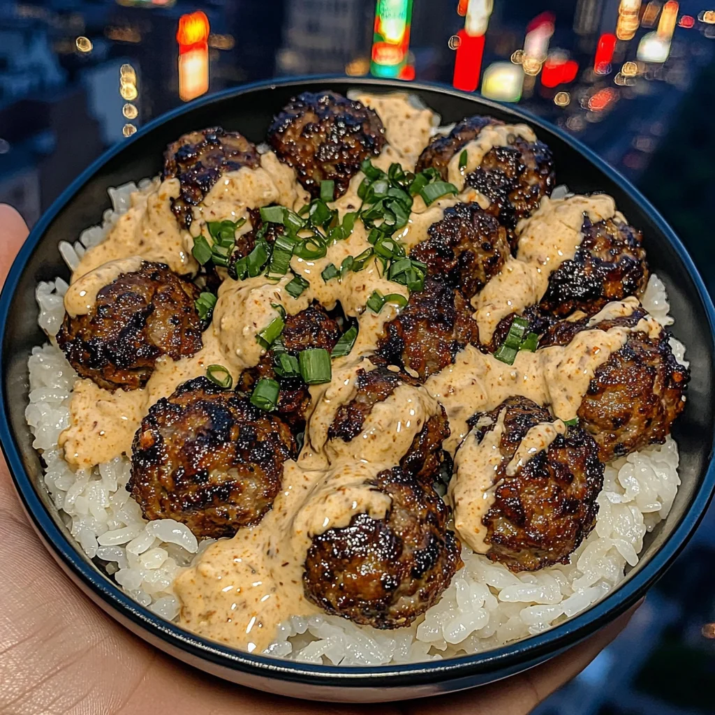Beef Meatballs Rice Bowls with Spicy Cashew Sauce - Lora Chef
