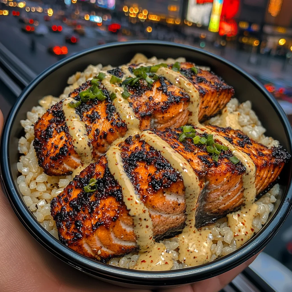 Blackened Salmon Rice Bowls with Spicy Chili Drizzle - Lora Chef