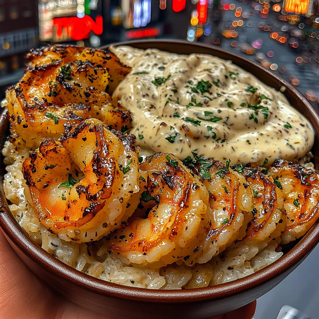 Garlic Butter Shrimp Rice Bowls with Creamy Herb Sauce - Lora Chef