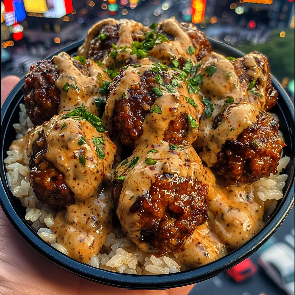 Spicy Beef Meatballs Rice Bowls with Smoky Chili Garlic Sauce - Lora Chef