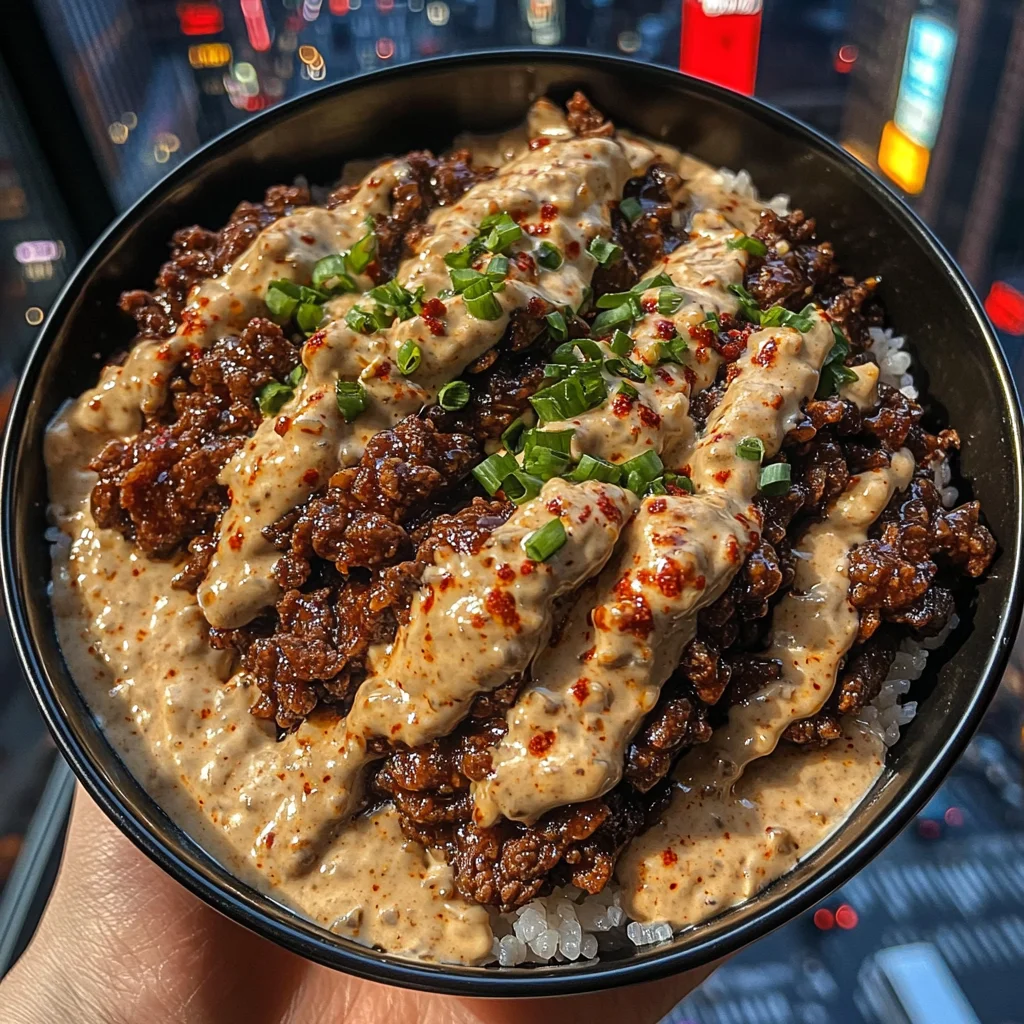 Spicy Beef Rice Bowls with Chili Sesame Cream - Lora Chef