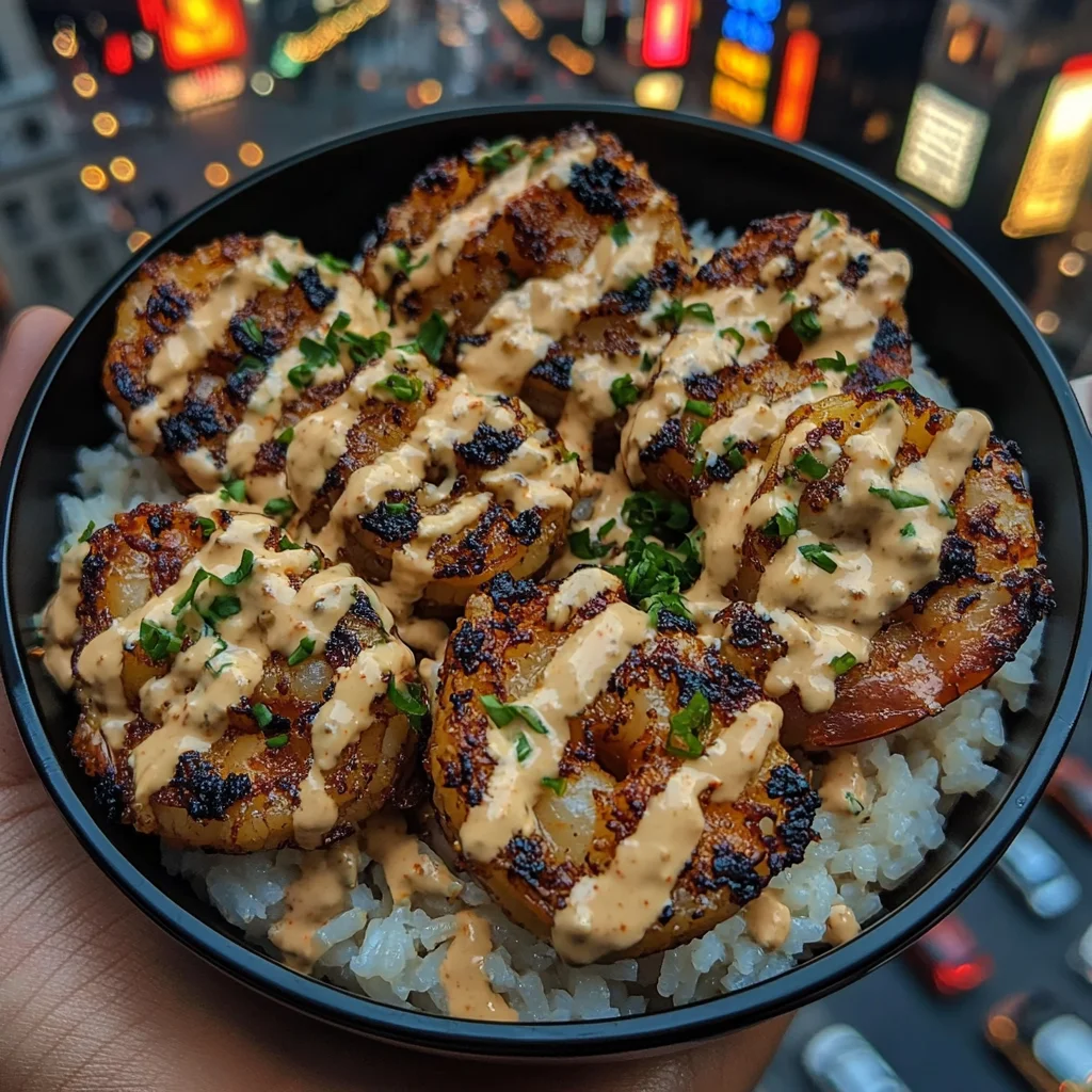 Spicy Shrimp Rice Bowls with Creamy Sriracha Drizzle - Lora Chef