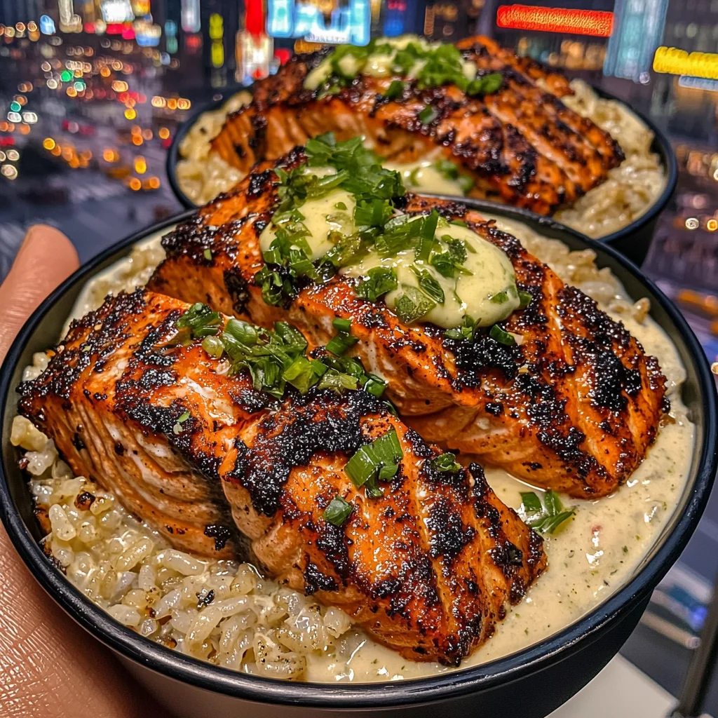 Blackened Salmon Rice Bowls with Zesty Lime Crema - Lora Chef
