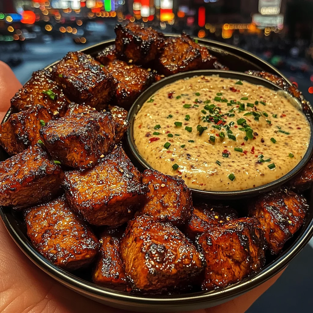 BBQ Beef Cubes with Smoky Garlic Dip - Lora Chef
