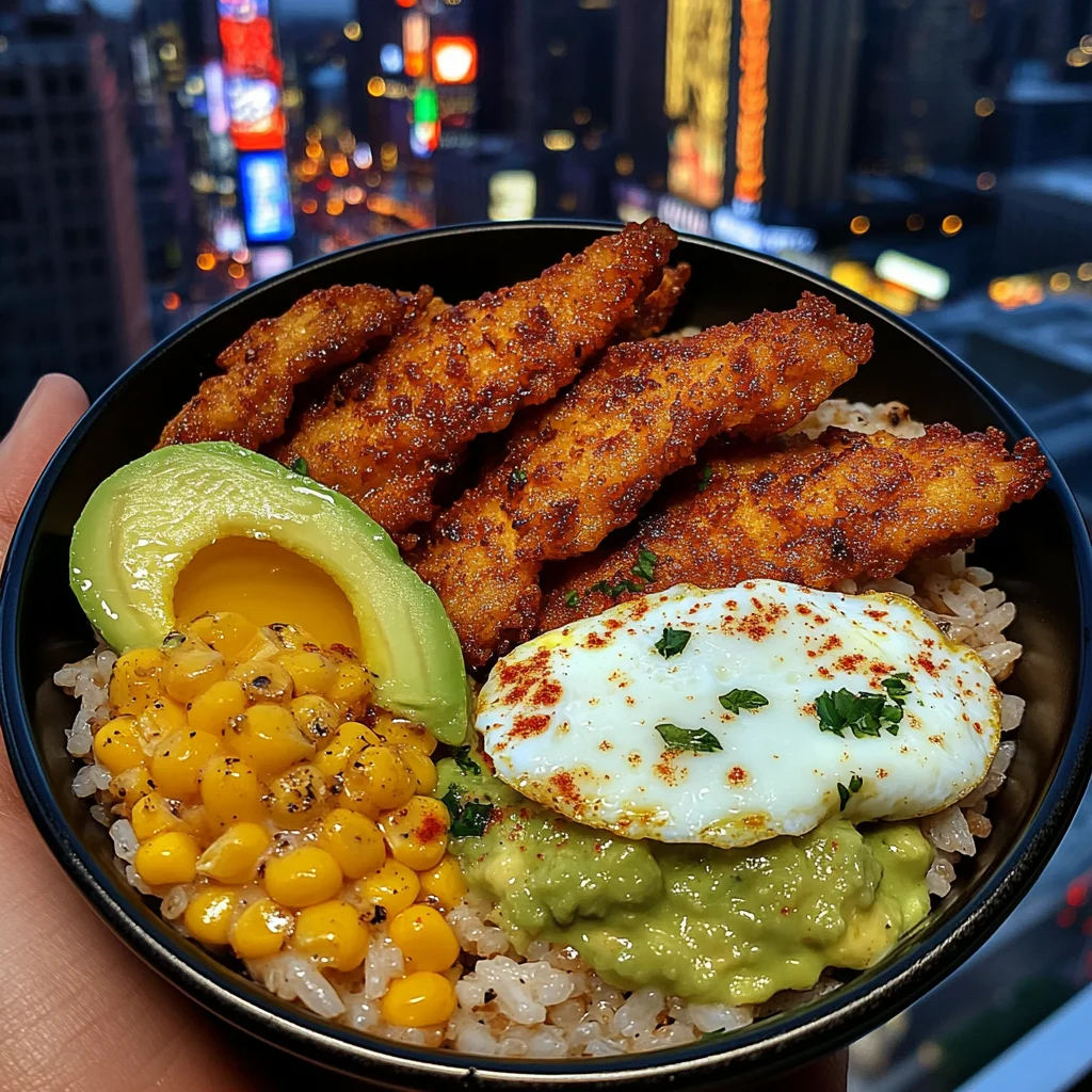 Crispy Chicken Strips Rice Bowl with Corn, Soft Egg & Avocado Salsa ...
