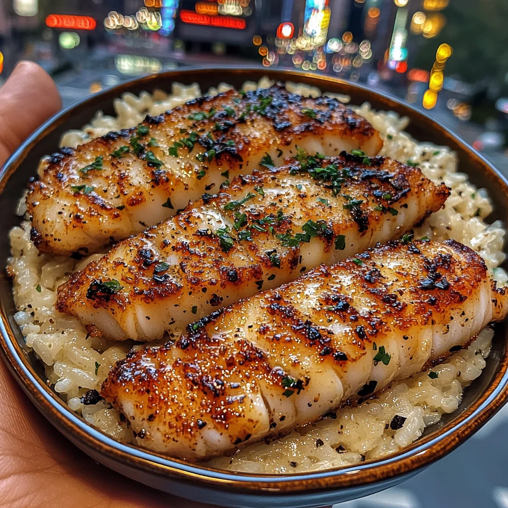 Garlic Butter Cod Strips with Rice Pilaf - Lora Chef
