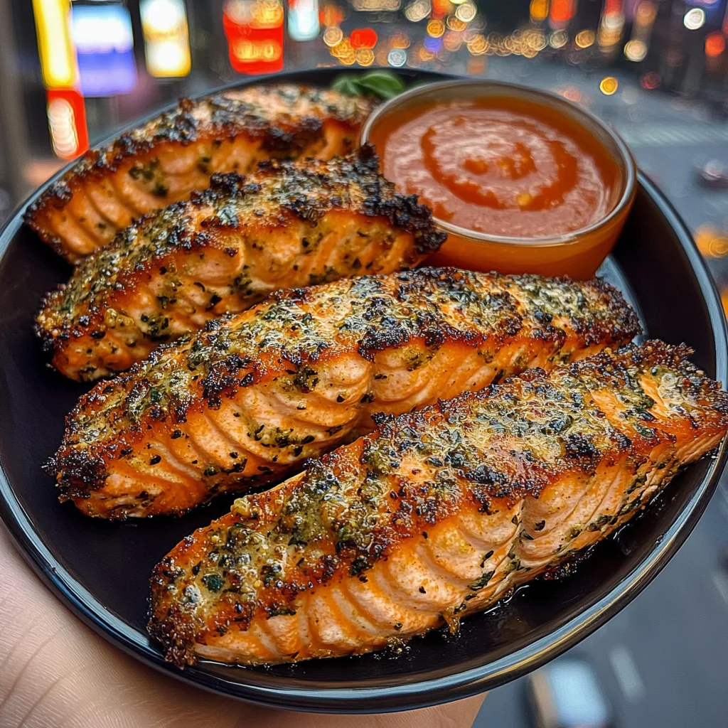 Herb Crusted Salmon Strips with Tomato Basil Sauce - Lora Chef
